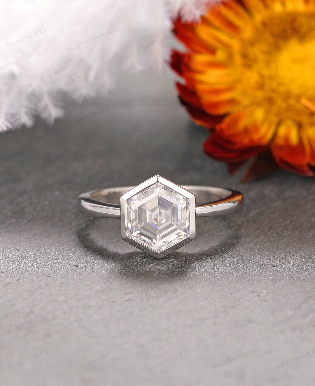 Bezel Hexagon Moissanite Engagement Ring, Tapered Band Solitaire ...