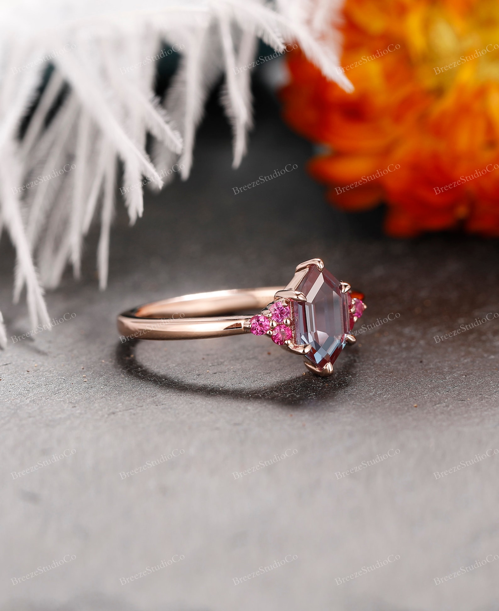 Custom Hexagon Cut Alexandrite Ring With Accents Ruby Emerald ...