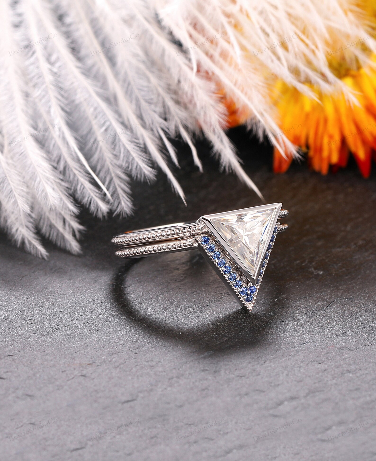 Unique Handmade Bezel Triangle Bridal Sets, Triangle 8x8mm Moissanite ...