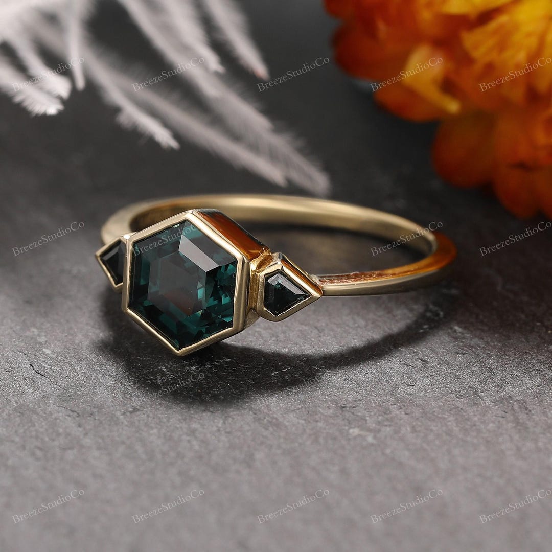 Hexagon Teal Sapphire Triple Stone Wedding Ring Bezel Engagement Ring ...