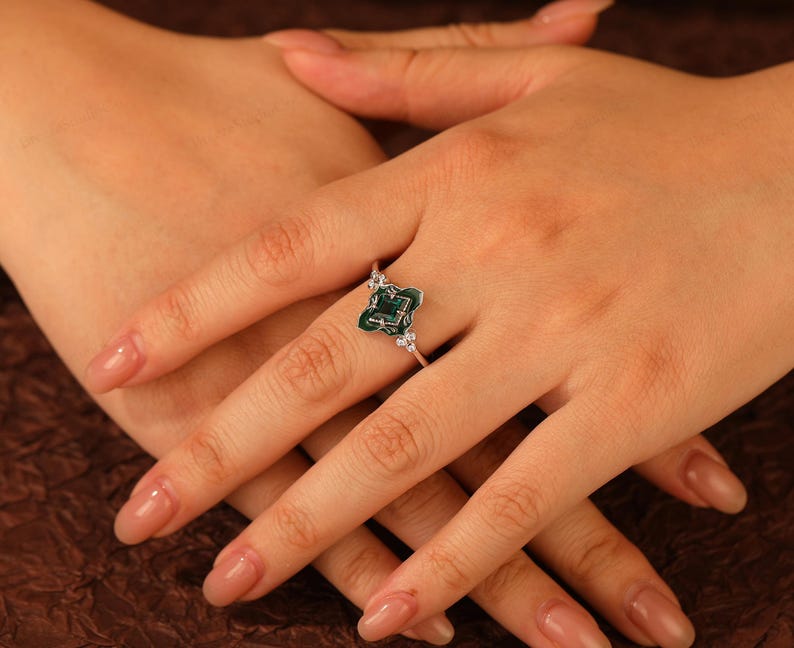 Retro Art Deco Rhombus Cut Emerald Engagement Ring Unique Green Enamel ...