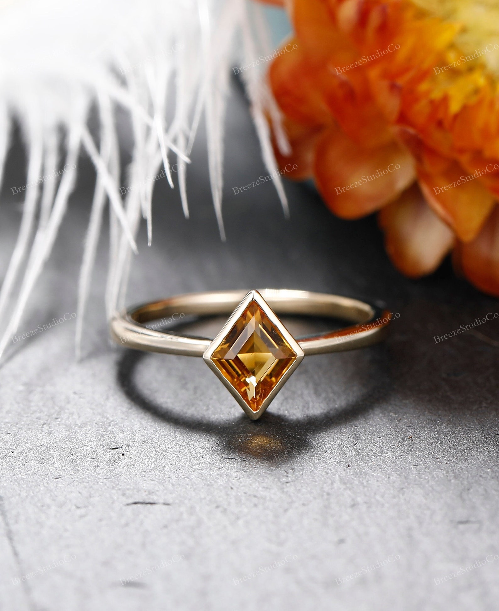 14k Gold Citrine Ring Rhombus Cut Bezel Set Gemstone Ring November ...