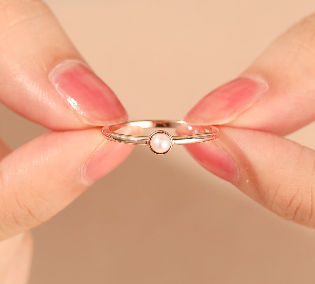 Tiny Pearl Ring 14k Solid Gold Pearl Engagement Ring White Pearl Solitaire Ring Dainty Pearl ...