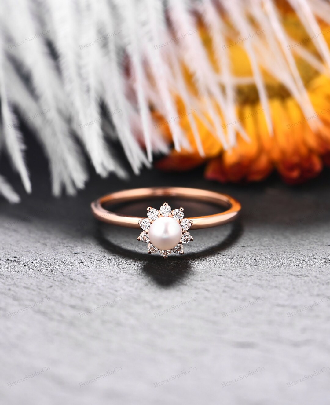 Pearl Engagement Ring, Natural Pearl Wedding Ring, Halo Pearl ...