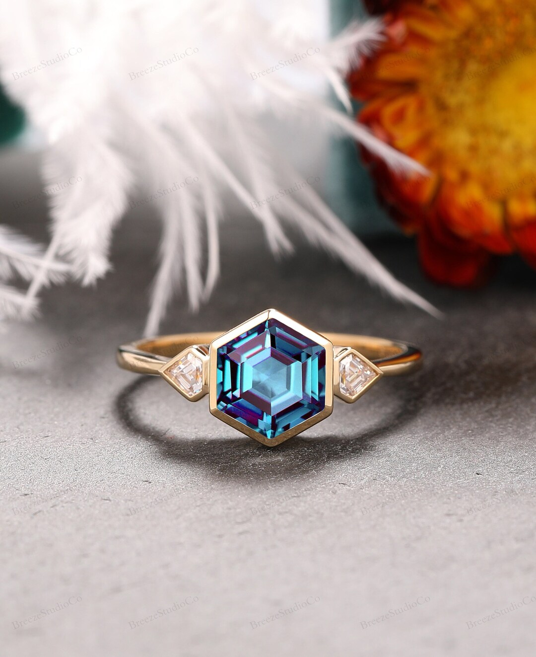 Bezel Hexagon Alexandrite Engagement Ring 7mm Hexagon Cut Kite Shape ...