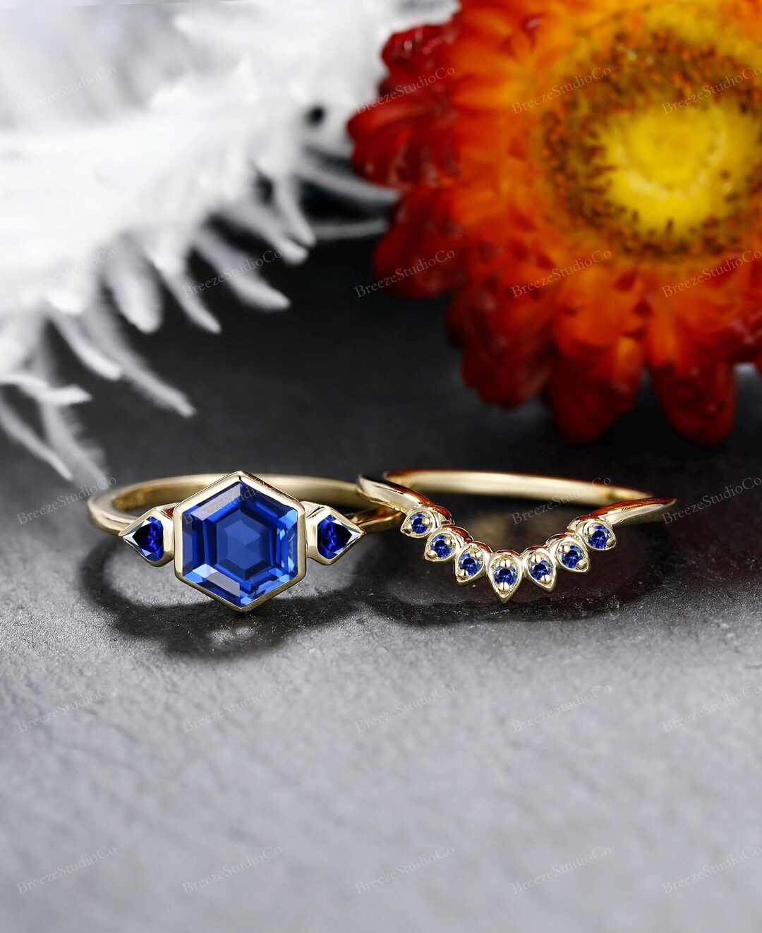Bezel Setting Blue Sapphire Promise Ring Set Vermeil Gold Blue Crystal ...