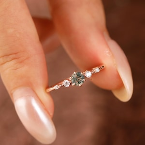 Danity 4mm Moss Agate Engagement Ring Round Bridal Ring for Women ...