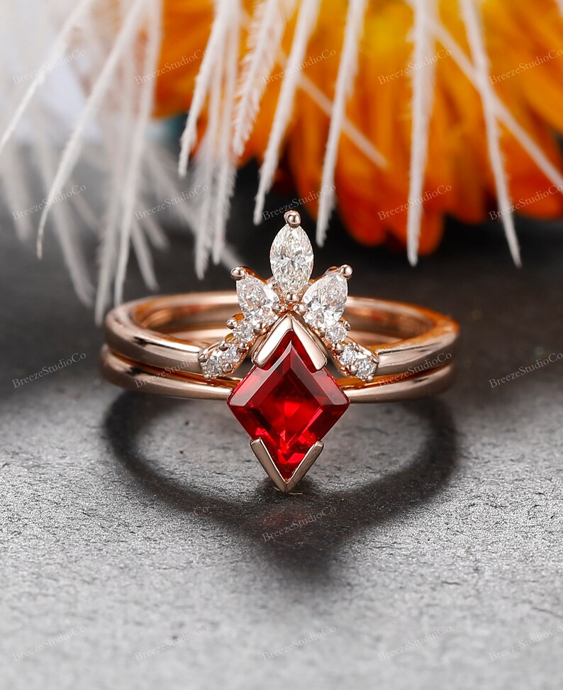 Unique Rhombus Cut Ruby Engagement Ring Set Vintage Wedding Ring Nature ...