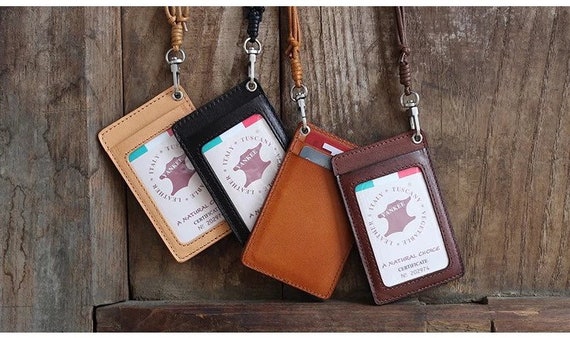 Leather ID Holder Badge Holder ID Holder Leather Lanyard | Etsy