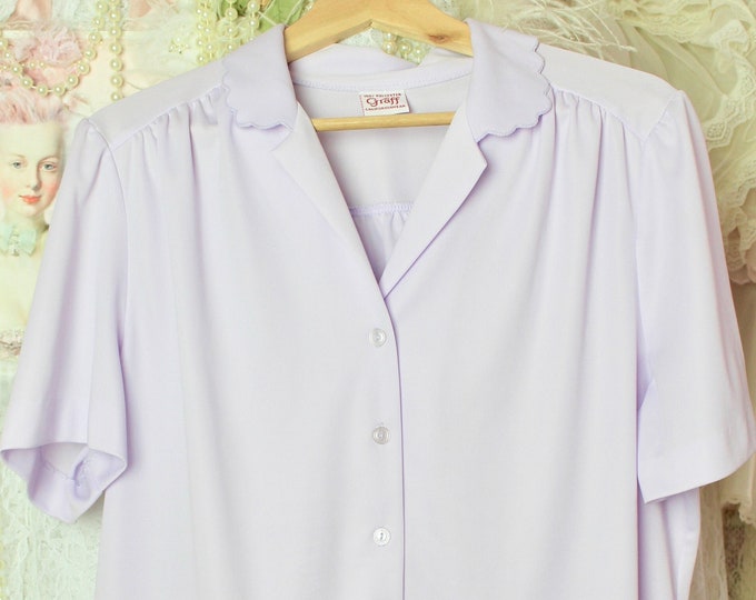 Vintage 70s Lilac Polyester Button up Blouse, Collard Short Sleeve ...