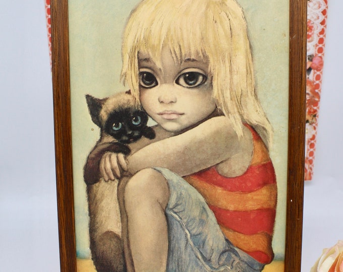 Vintage 1960s Margaret Keane Big Eye Wall Art, Pop Art, Wood Frame, Lithography, Distressed ...