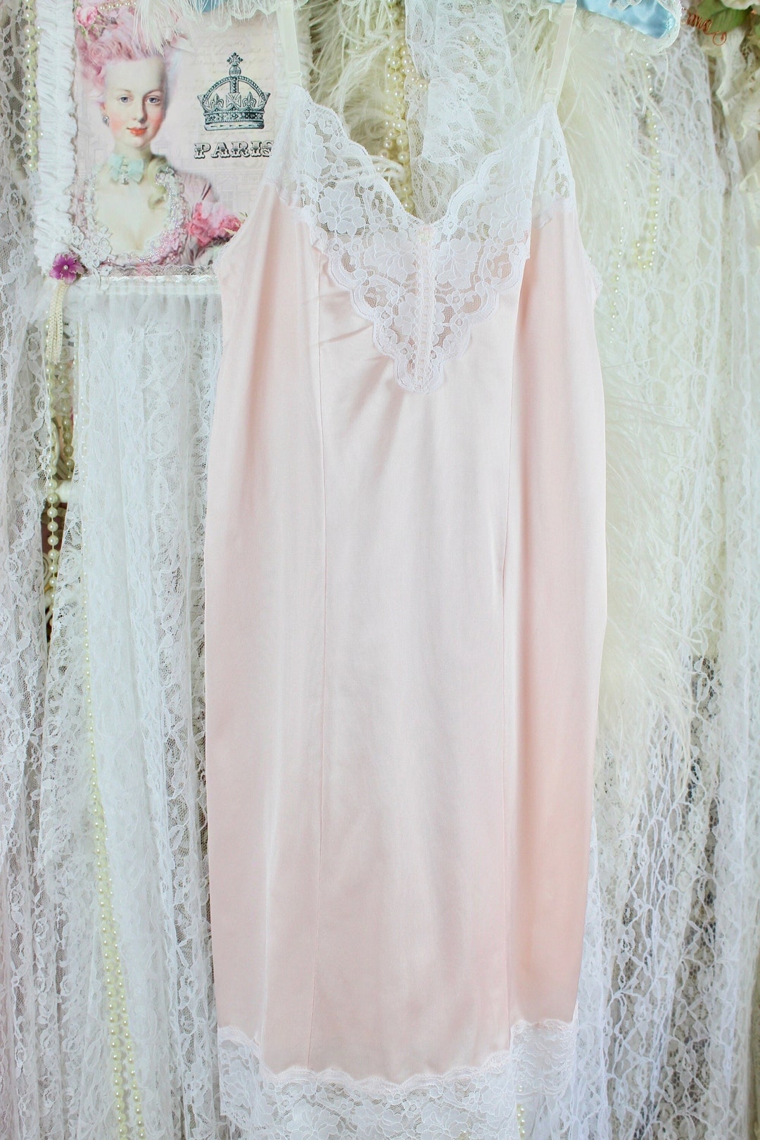 Vintage Romantic Pale Pink Lingerie Slip, Floral Lace Trims, Intimates ...