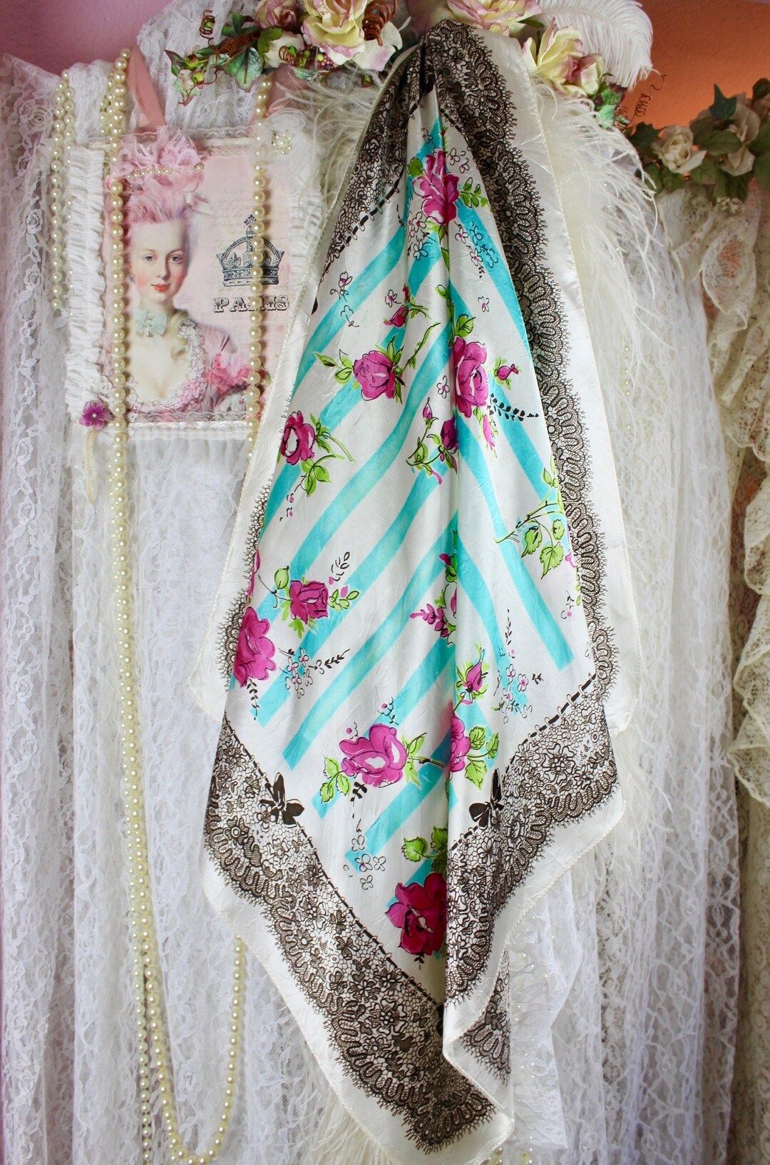 Vintage 80s Beautiful Satin Floral Pattern Print Scarf, Square Long ...