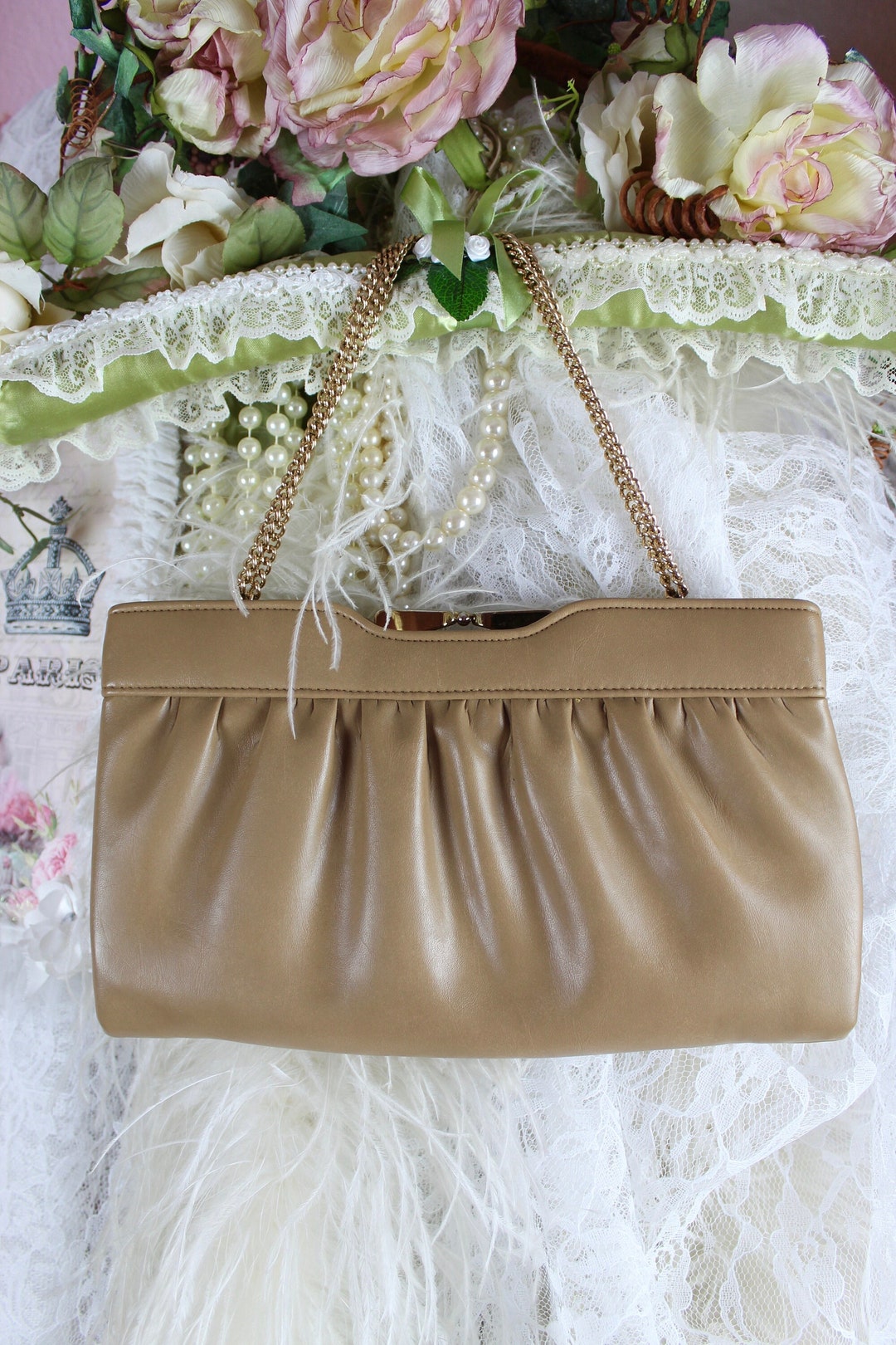 Vintage 70s Tan Vinyl Clutch Purse, Gold Tone Chain, Gold Clasp Snap ...