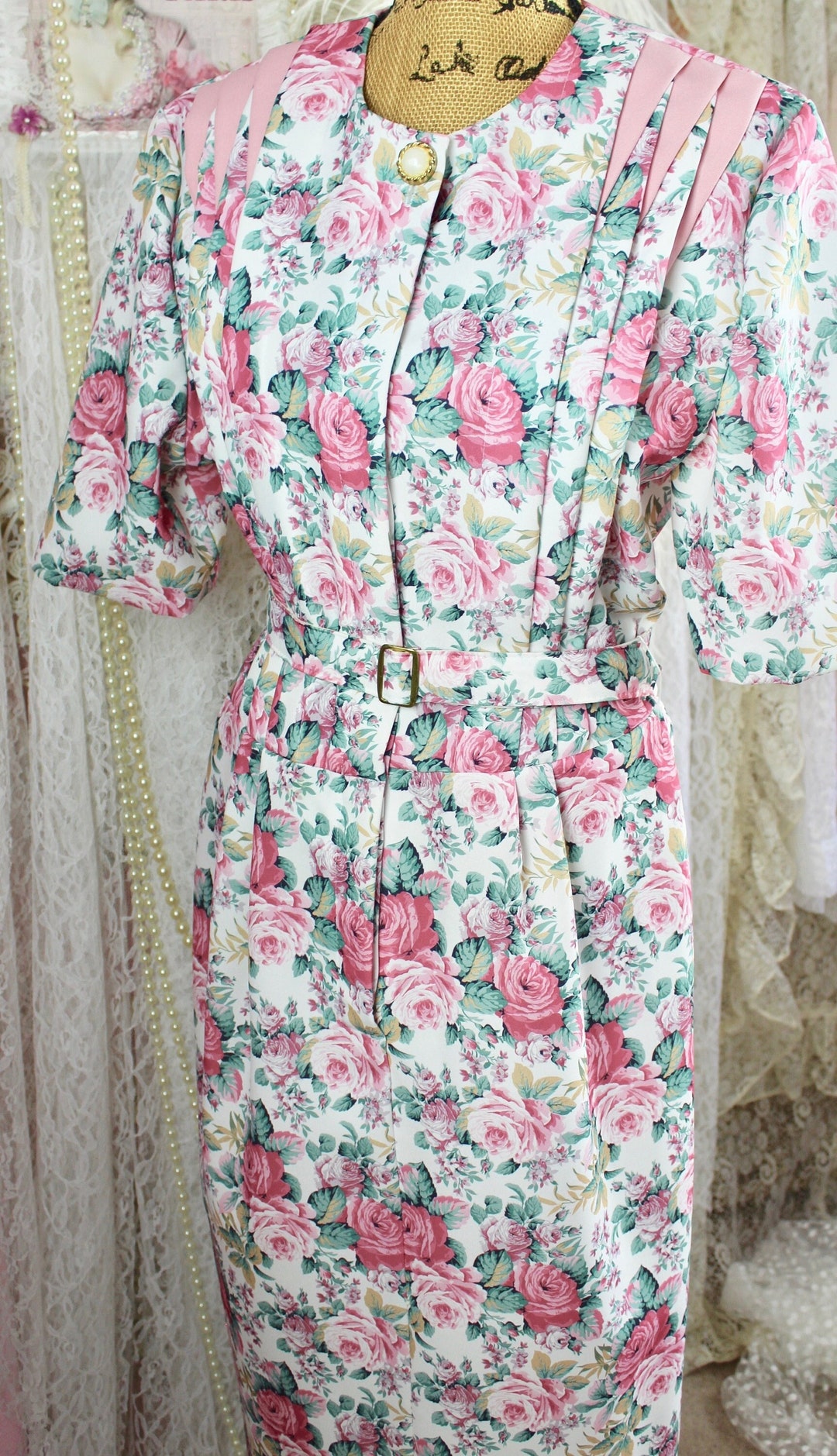 Vintage 90s Pink Floral Long Dress, Rose Pattern, Pleated Front, Button ...