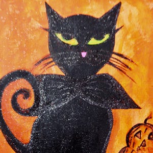 Hand Painted Original Black Cat, Acrylic Painting on Canvas, Halloween ...