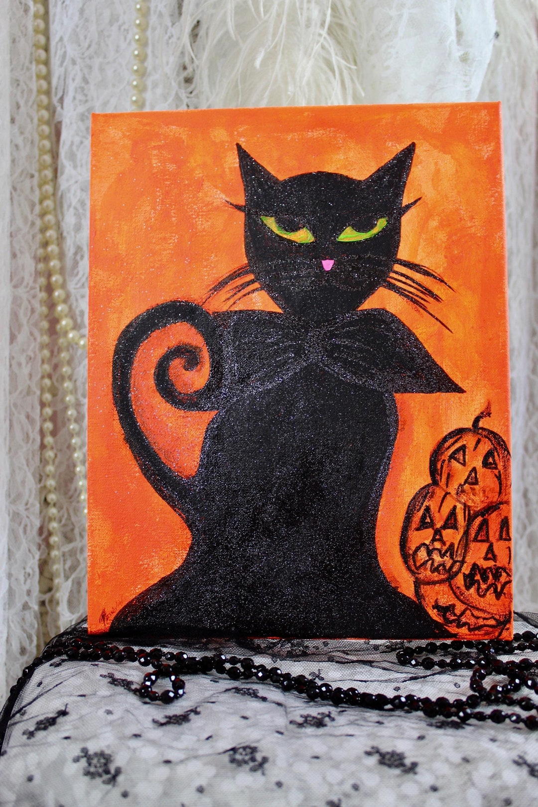 Hand Painted Original Black Cat, Acrylic Painting on Canvas, Halloween ...