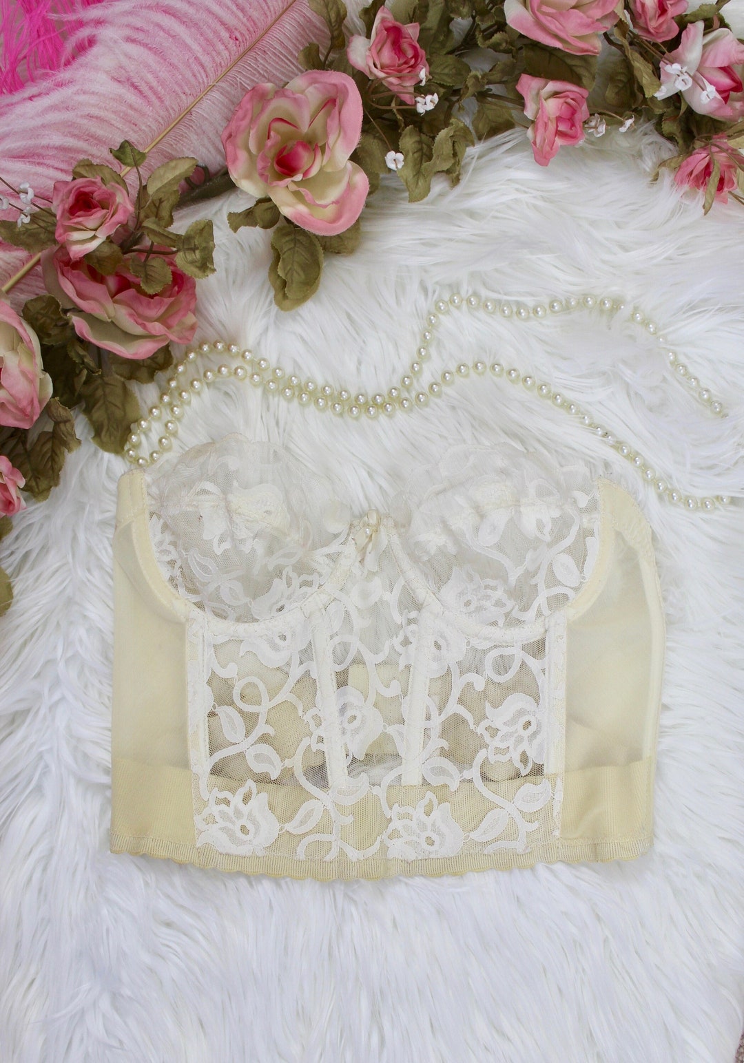 Vintage 60s 70s Valmont Strapless Lace Bustier Corset, Sheer Floral ...