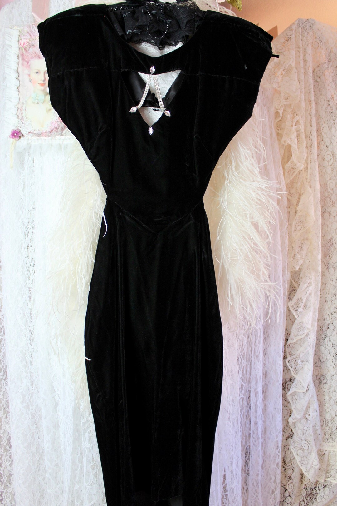 Vintage 80s Climax Karen Okada Black Velvet Glam Formal Dress, Winged ...