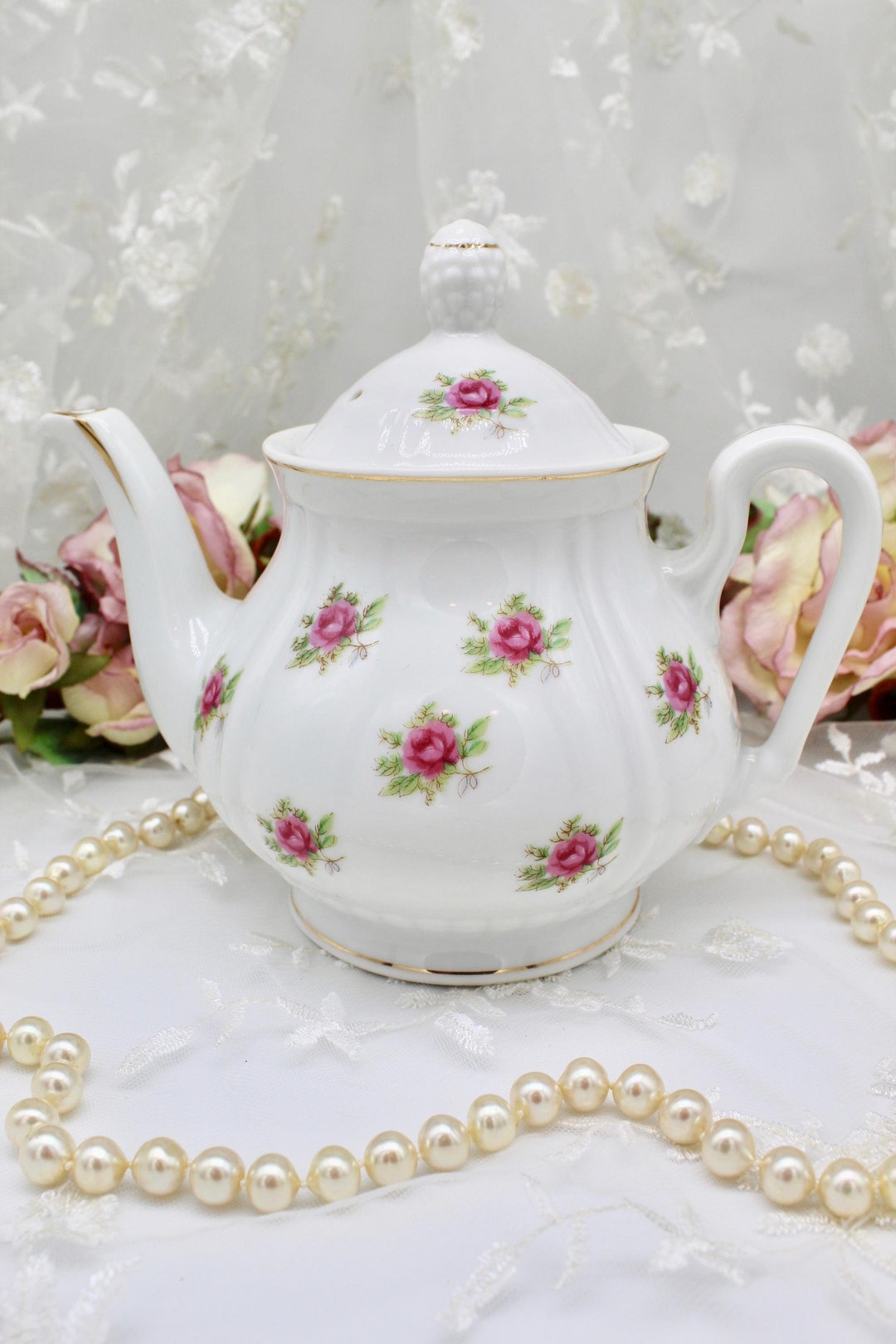 Vintage Small Pink Floral Teapot, Pink Rose Teapots, Gold Trims, Shabby ...