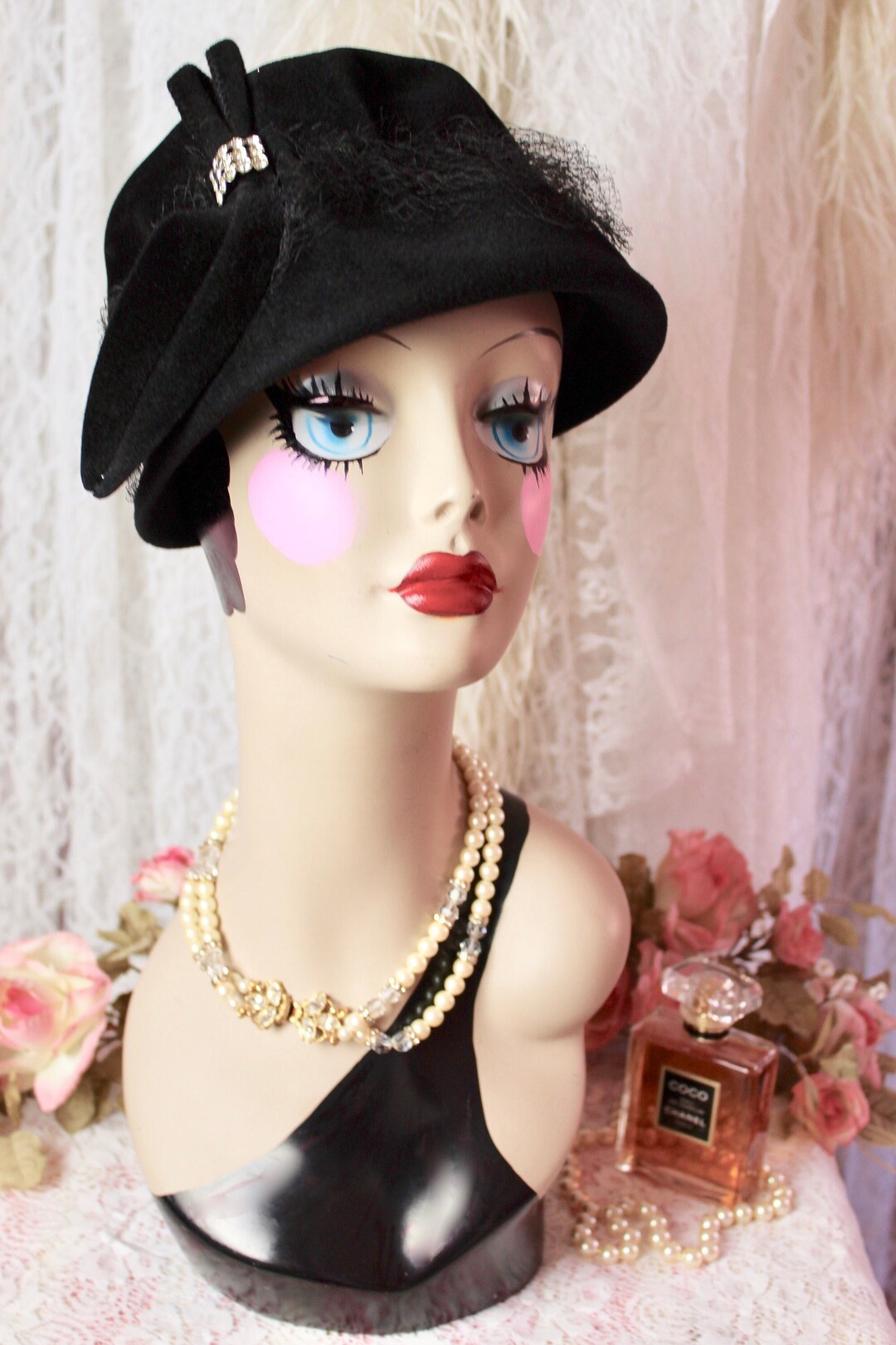 Vintage 50s 60s Eva Mae Models Black Fancy Bucket Hat, Genuine Velour ...