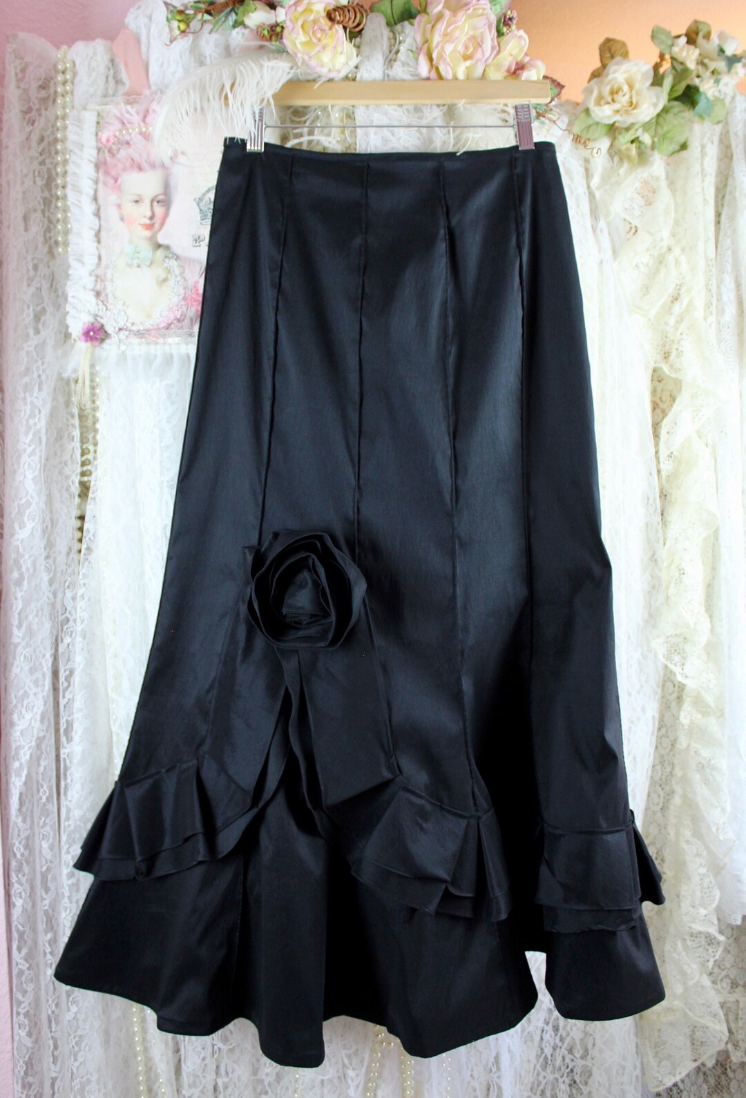 Romantic Ruffle Floral Long Skirt, Ruffle Layered Bottom, Adorned Front ...