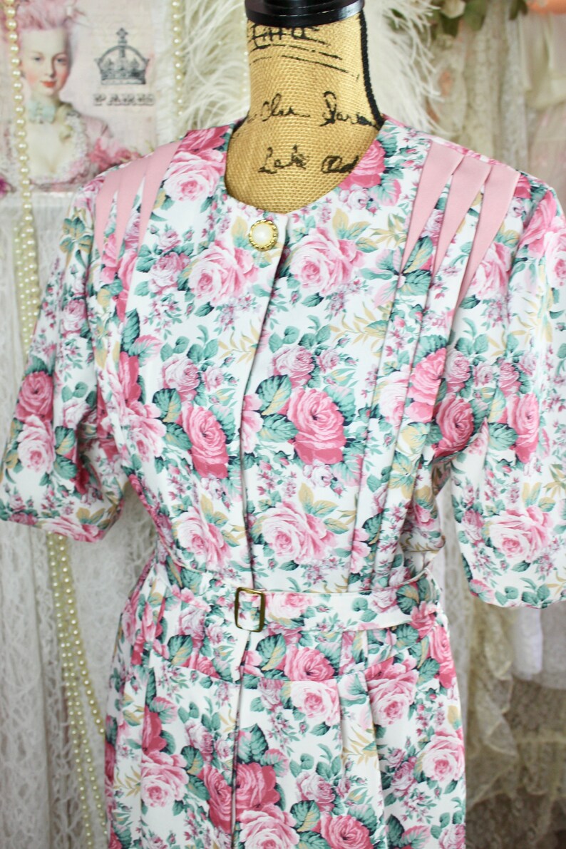 Vintage 90s Pink Floral Long Dress, Rose Pattern, Pleated Front, Button ...