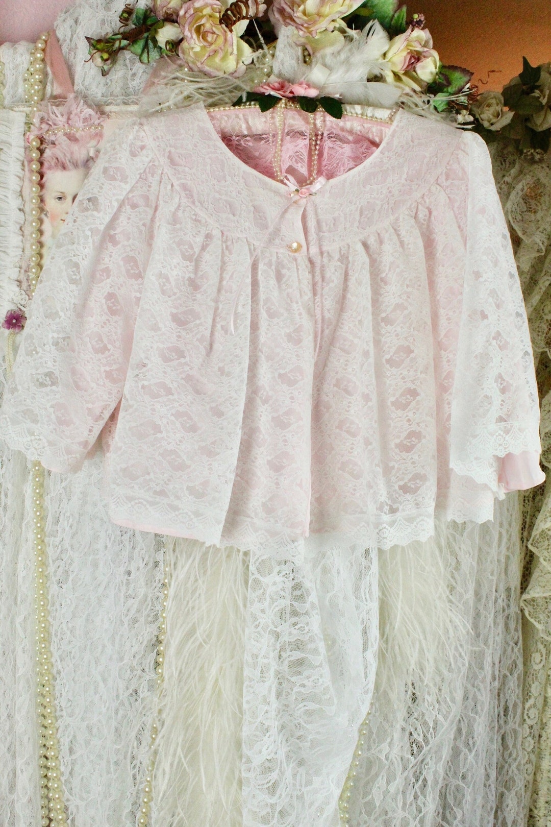 Vintage 60s Romantic Pink Lace Bed Jacket, Lovely Bed Jackets, Lace ...