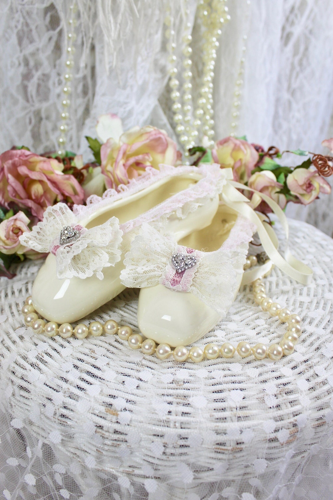 Vintage Romantic Wall Hanging Ceramic Ballerina Slippers, Ruffle Lace ...