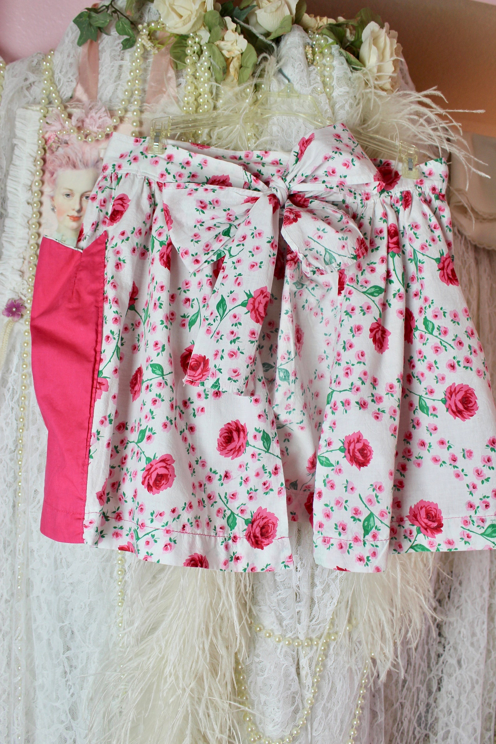 Vintage Romantic Pink Floral Half Apron, Lace & Satin Bows, 2 Big Front ...