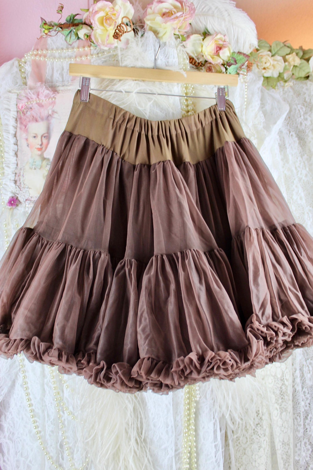 Vintage 70s 80s Chocolate Brown Ruffled Layered Petticoat, Petticoat ...