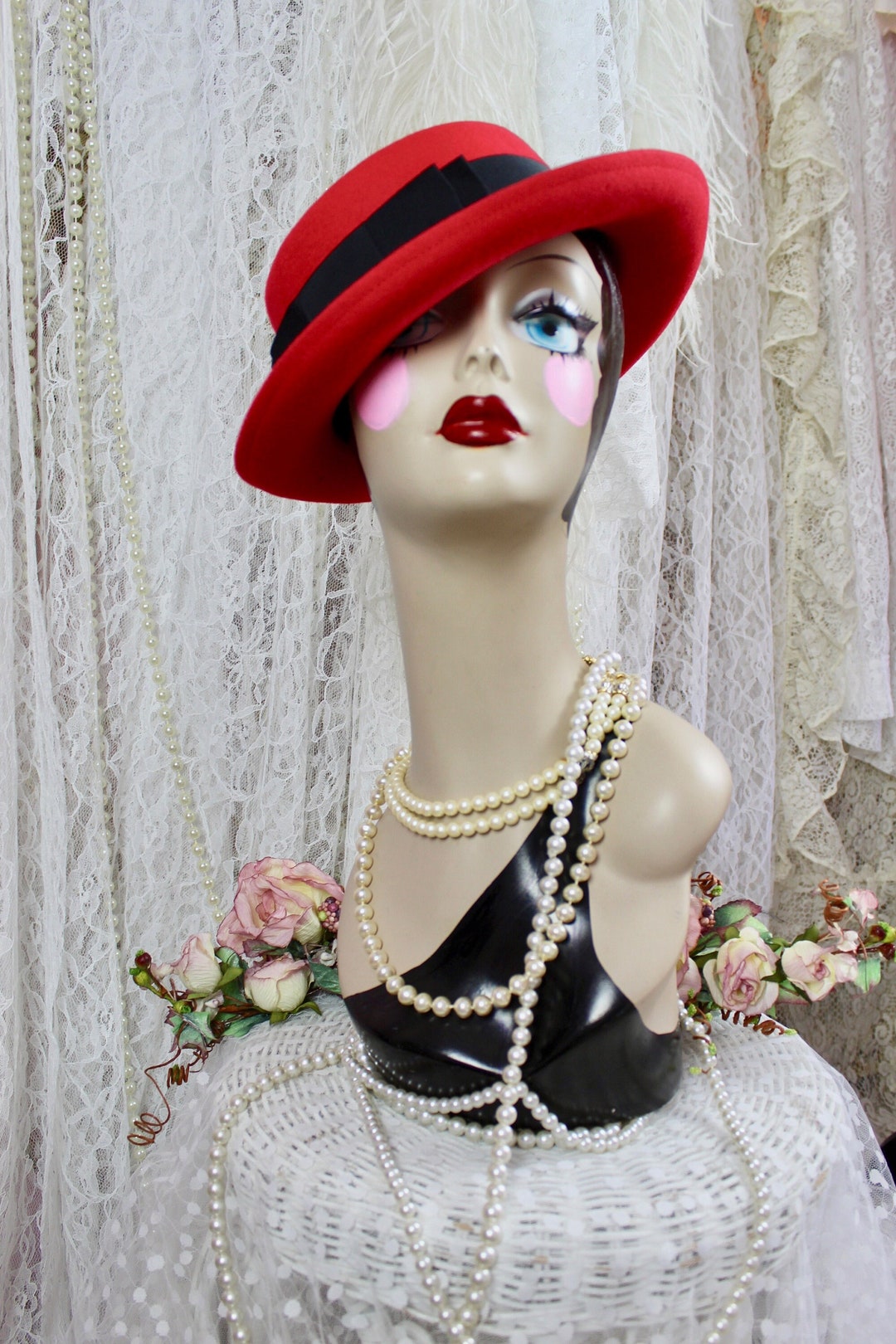 Vintage 80s Red Bowler Wool Hat by Arlin, Black Ribbon& Bow, Vintage ...