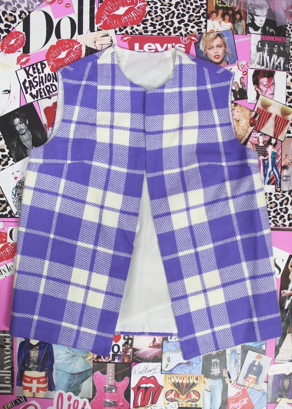 Vintage 70s Checkered Vest, VTG Handmade, Lavender/ W… - Gem
