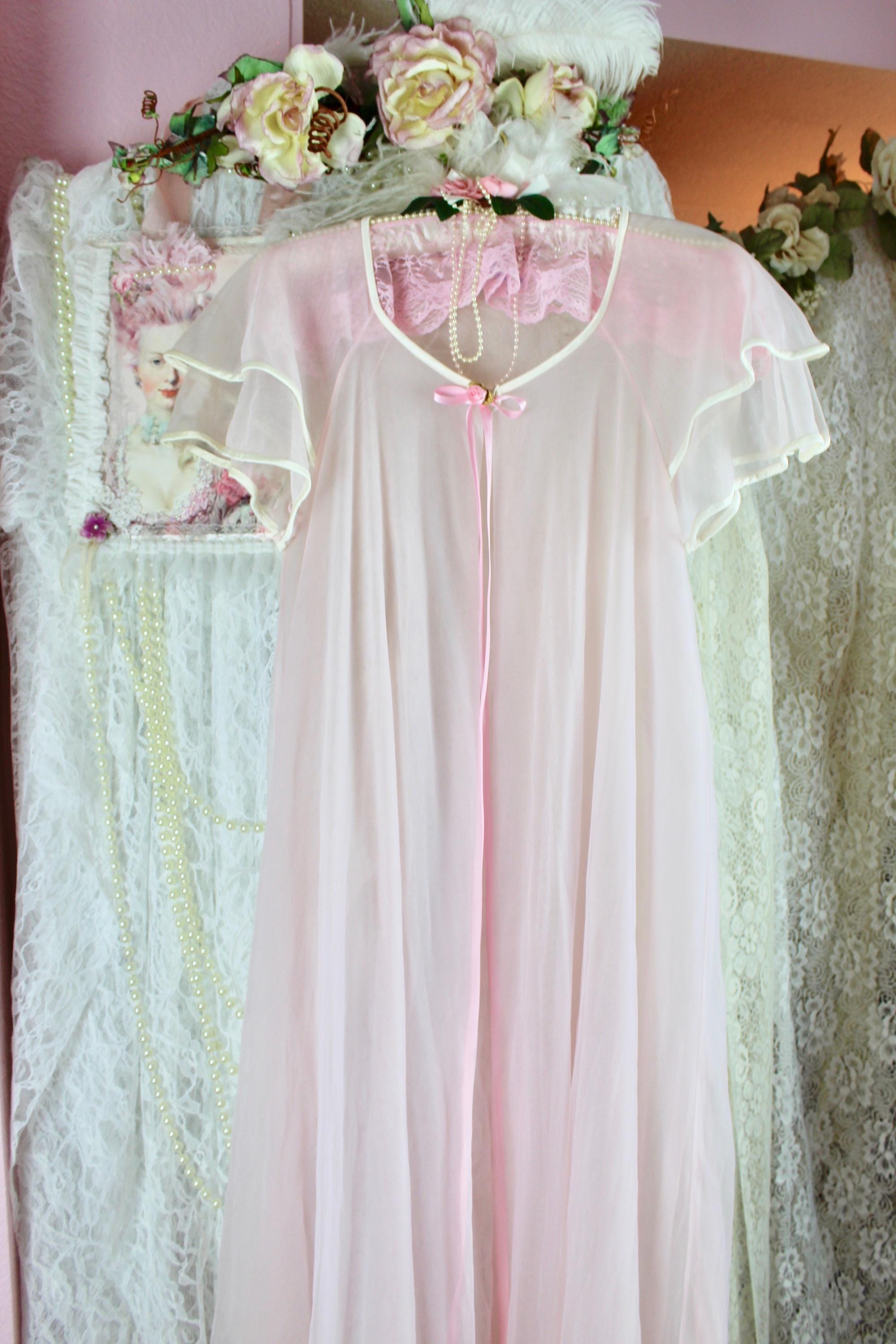 Vintage 70s Pink Sheer Val Mode Long Robe Slip, Sleepwear Robes, Floral ...