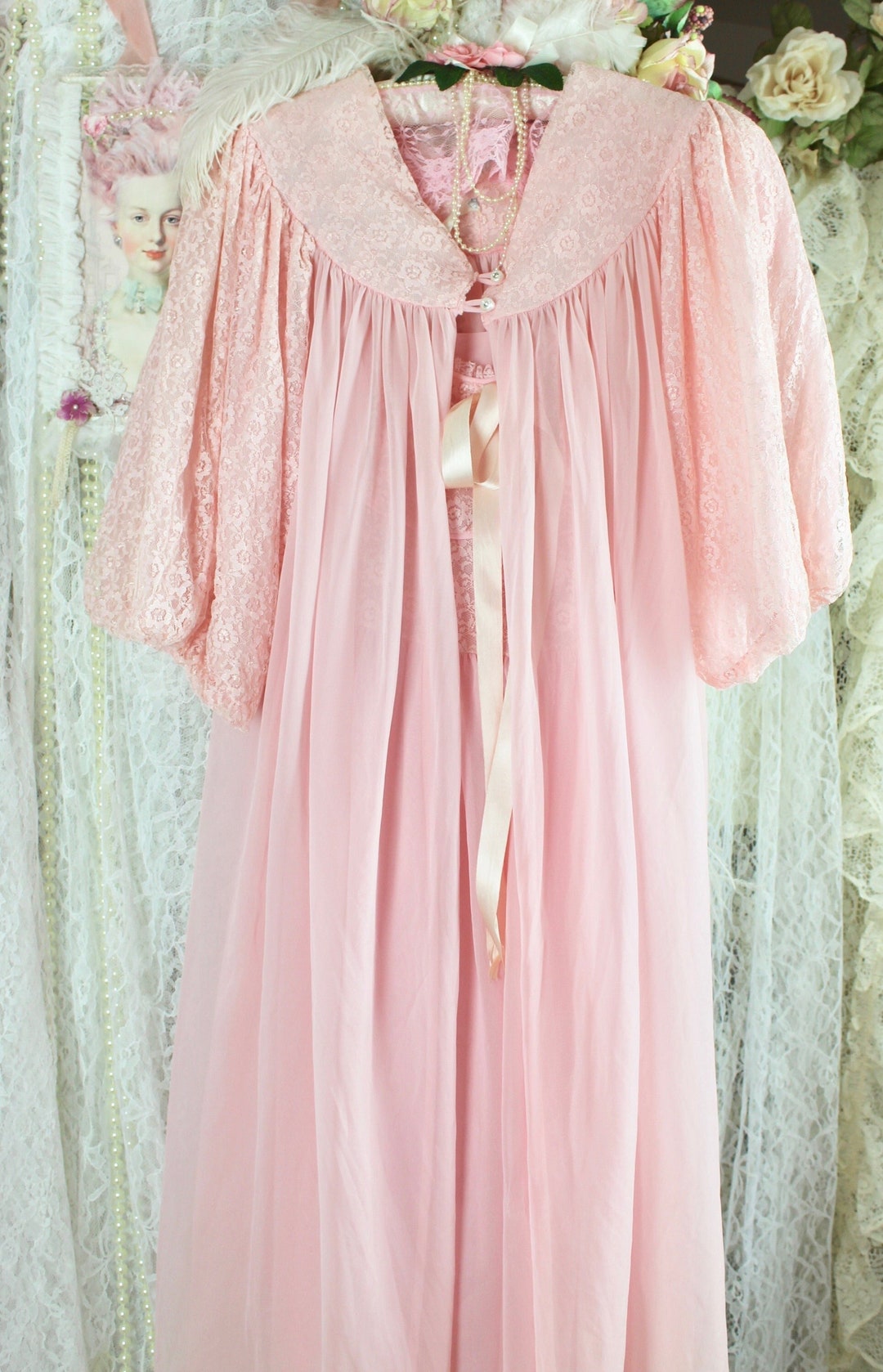 Vintage 50s 60s Exquisite Pink Peignoir Set, Romantic Pink Nightgown ...