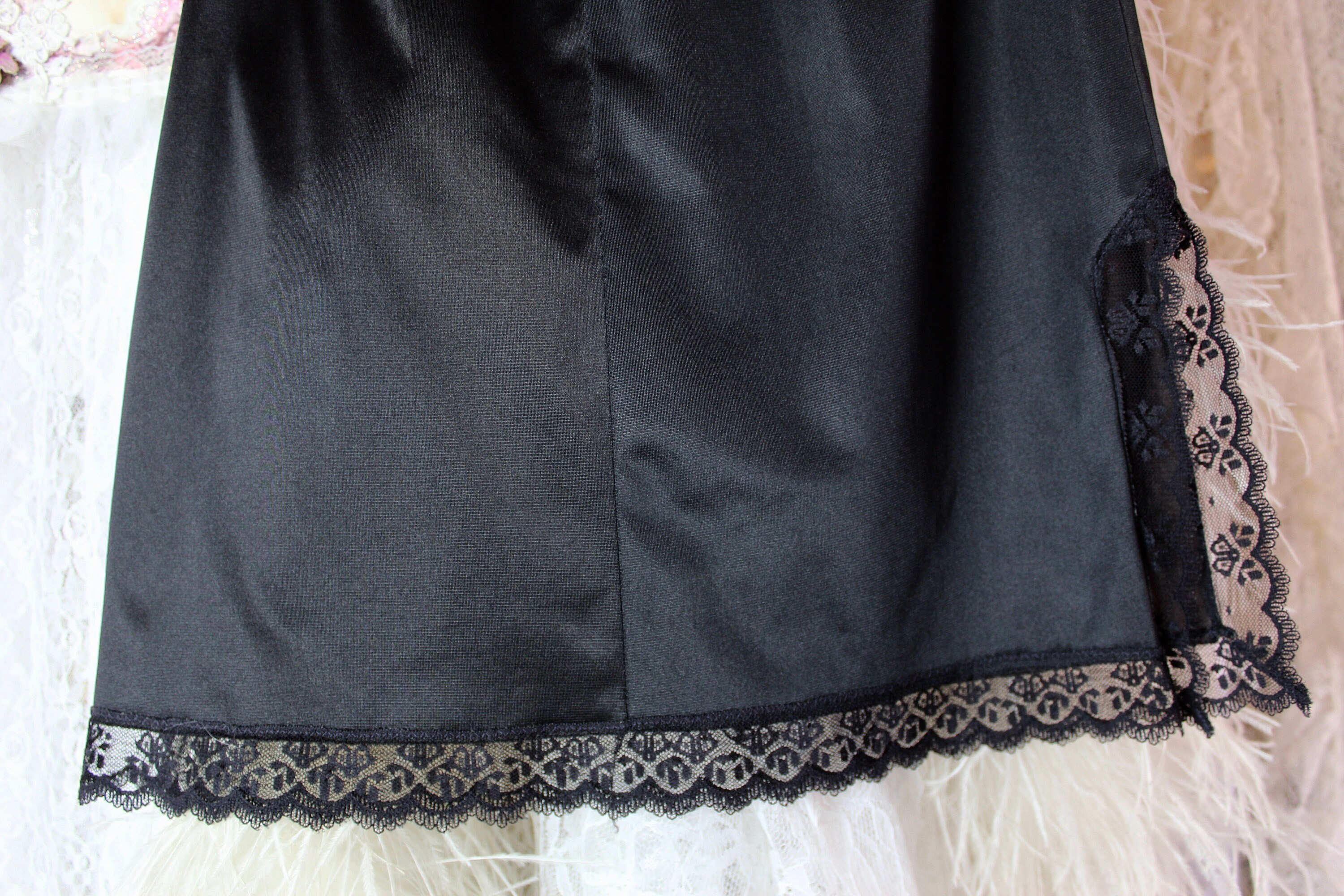 Vintage 50s 60s Black Half Slip, Floral Lace Trims, Side Slit Opening ...