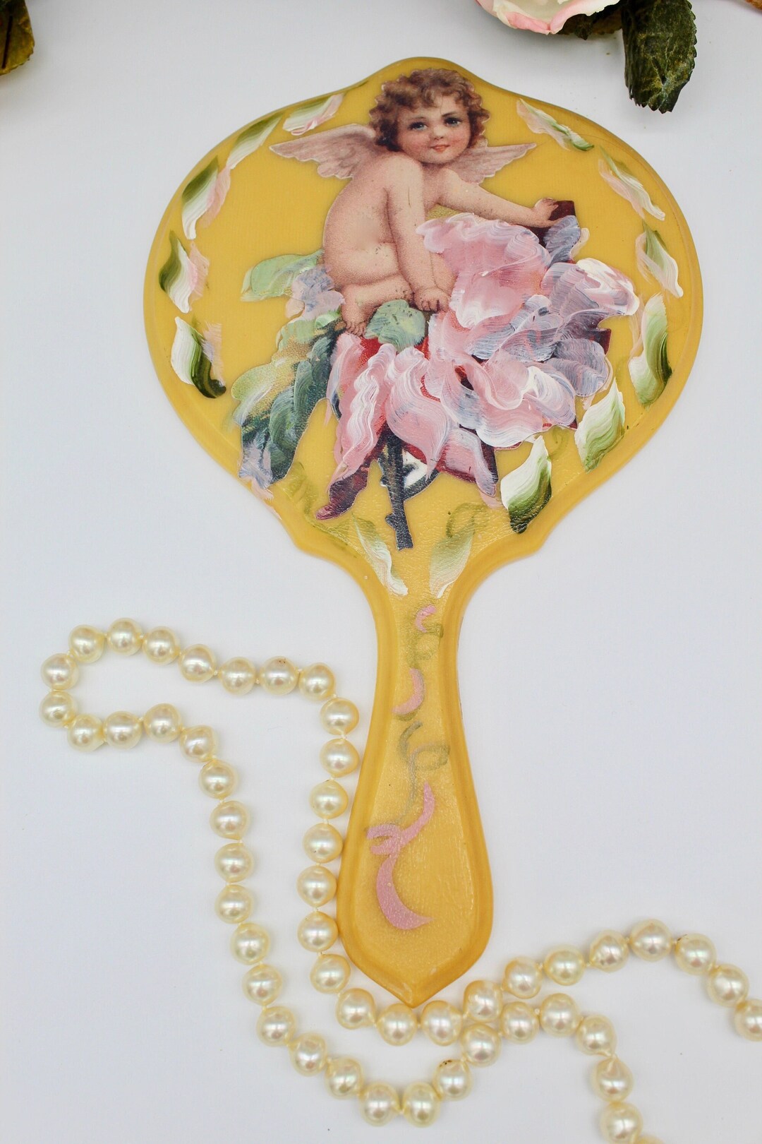Vintage Beautiful Vanity Decorative Hand Mirror, Angel Image & Hand ...