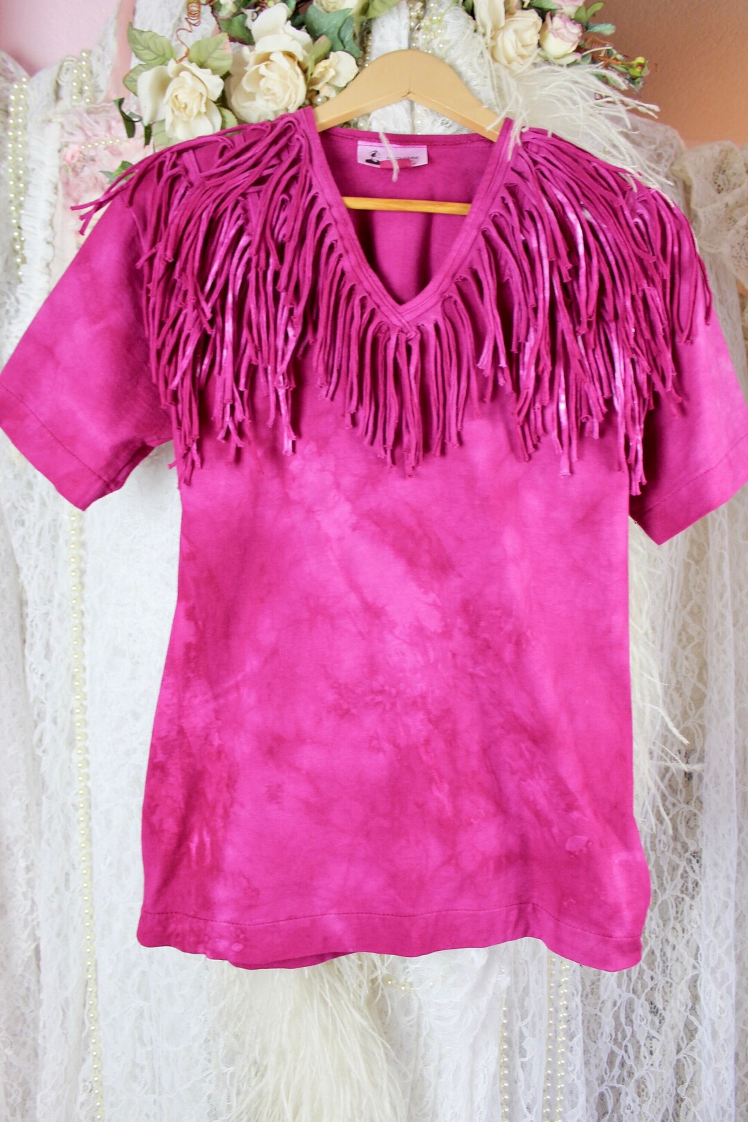 Vintage 80s Pink Western Fringe Tie Dye Top, Masquerade, Western Tops ...