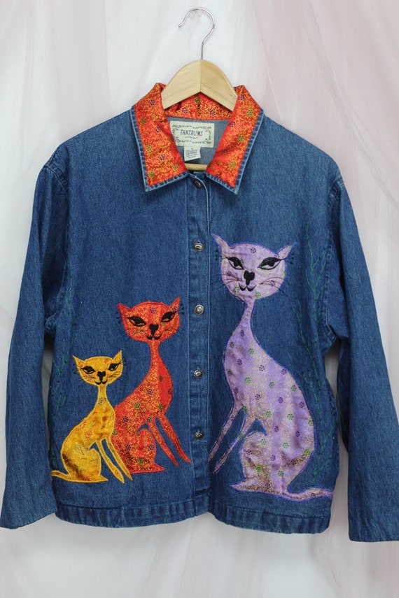 90s Tantrum Cat Denim Shirt/Jacket, Denim Shirt, Size… - Gem