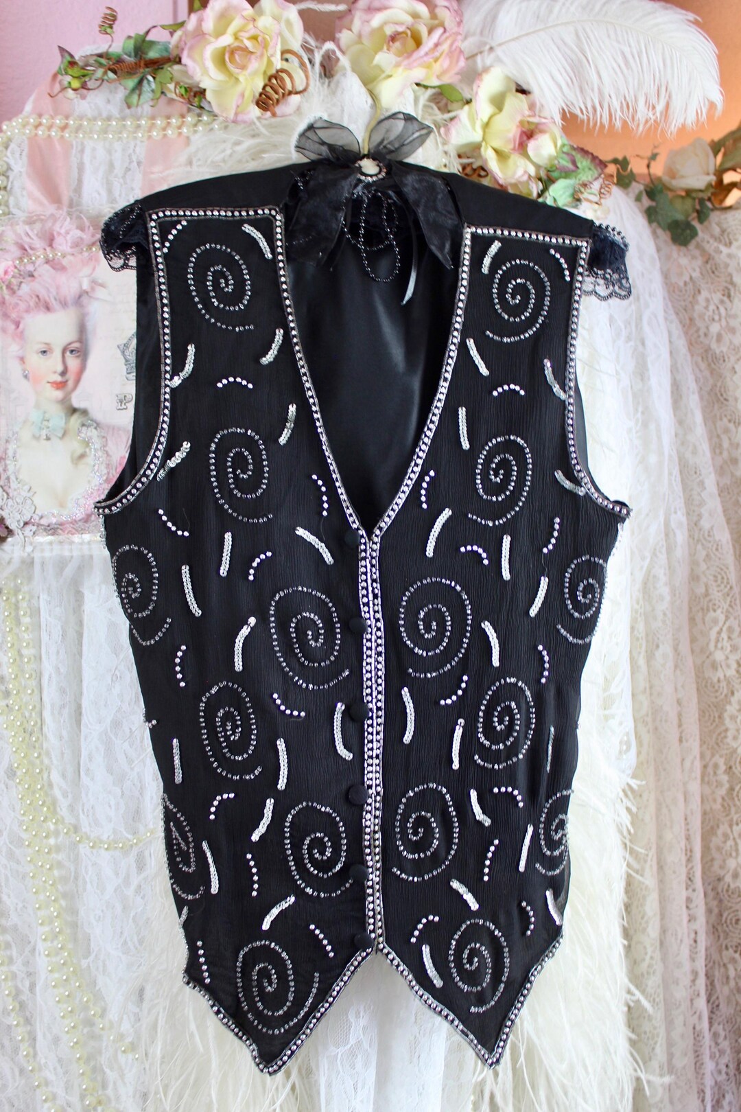 Vintage 90s Black/silver Beaded Vest, Sequin/beads, Embellished Swirl ...