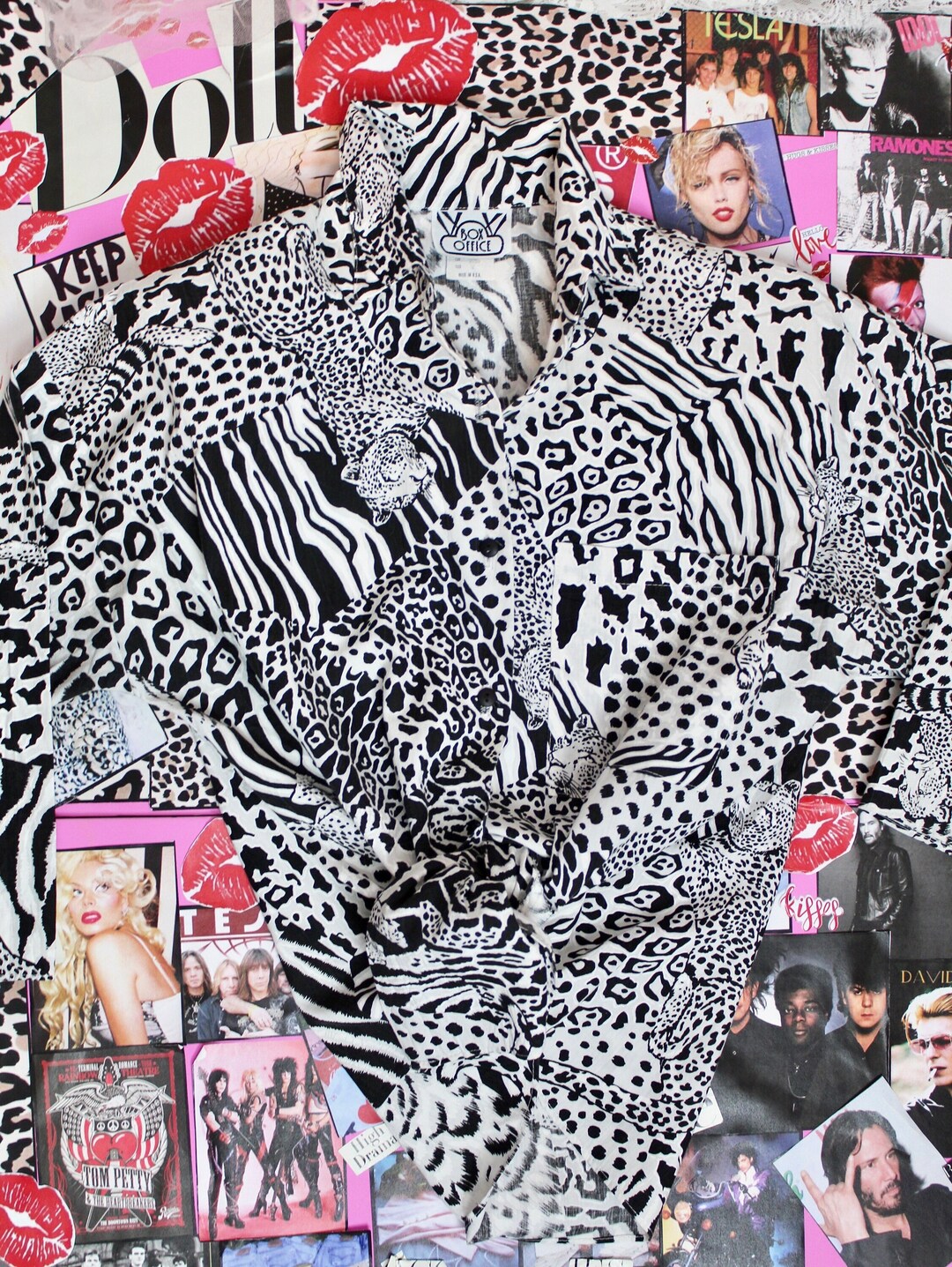 Vintage 90s Box Office Animal Print Blouse, Padded Shoulders, Button Up ...