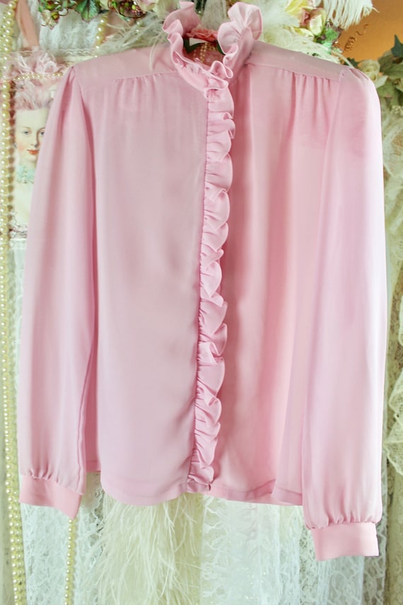 Vintage 70s Sheer Pink Ruffle Blouse, High Neck Ruffl… - Gem