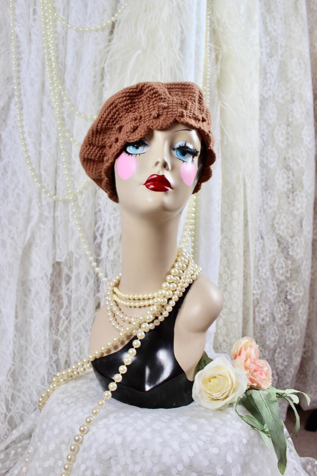 Vintage 70s Light Brown Crochet Beret, Pom Pom Knit Berets, Mid Century Berets, Autumn/ Winter ...