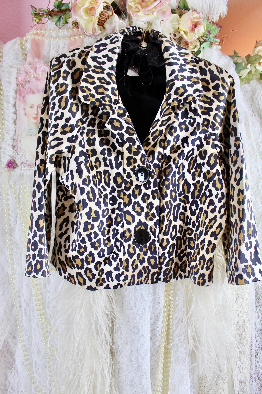 Vintage 90s Leopard Print Short Jacket, Small Collar, Big Buttons ...