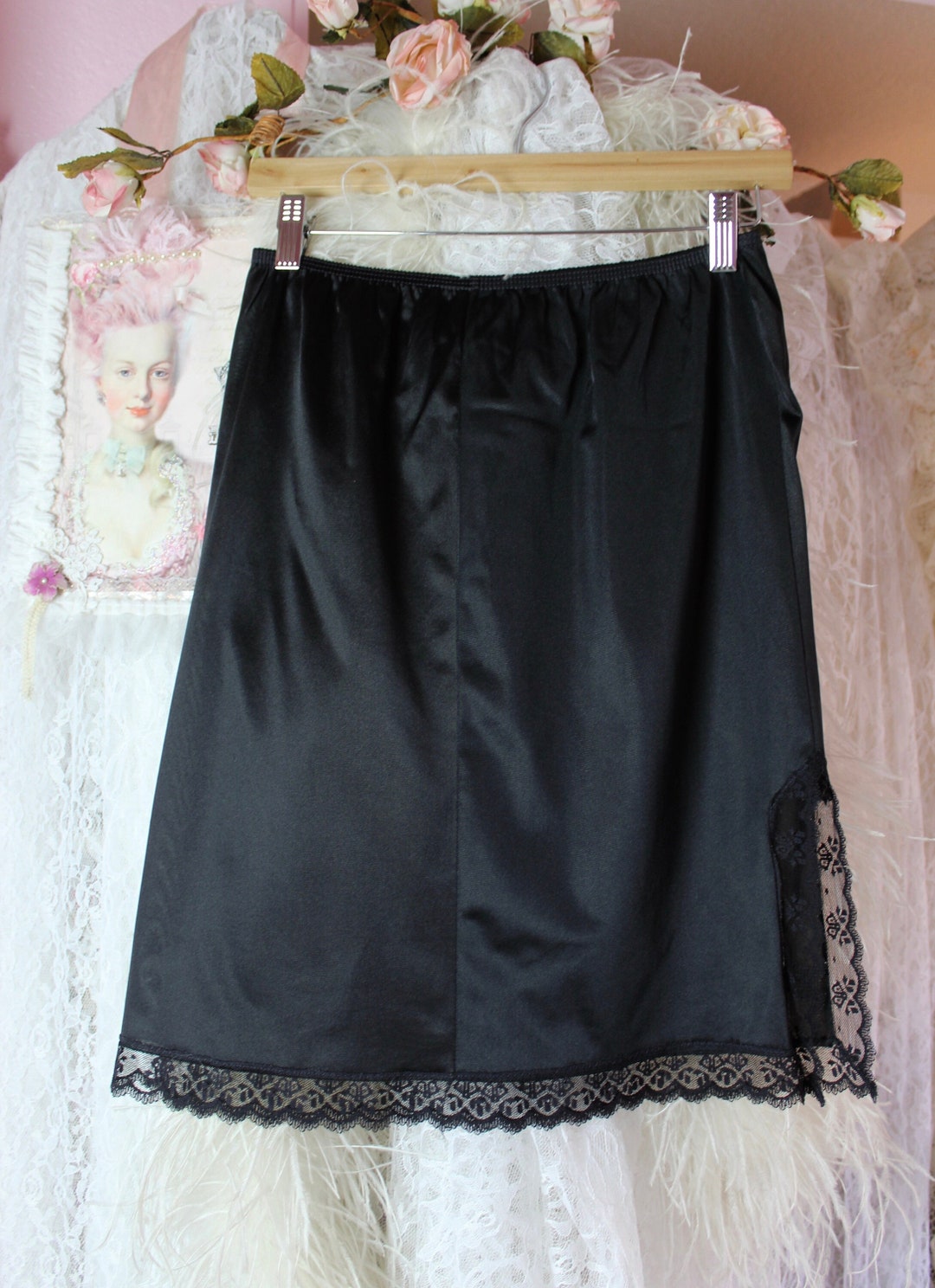 Vintage 50s 60s Black Half Slip, Floral Lace Trims, Side Slit Opening ...
