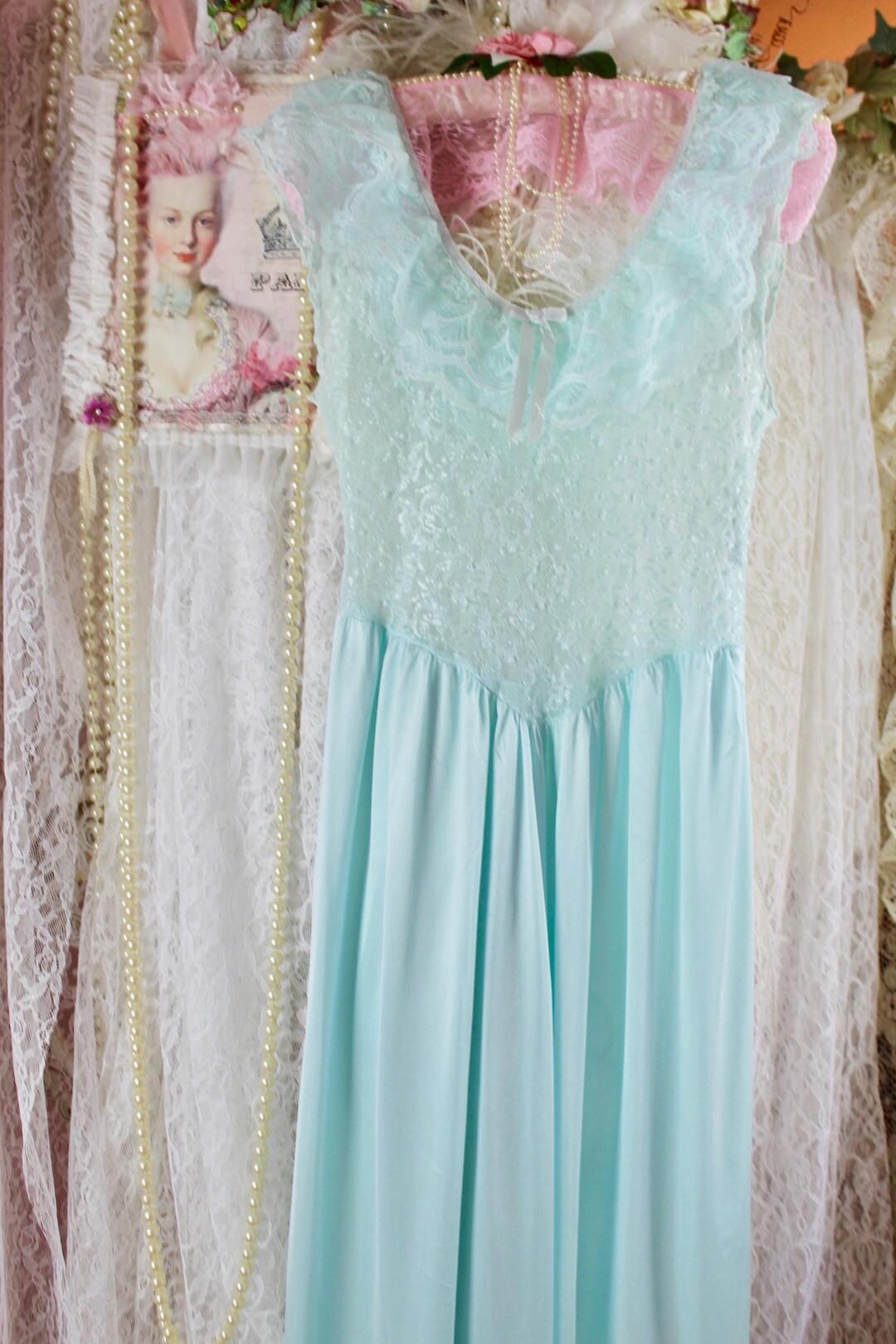 Vintage 80s Mint Blue Romantic Ruffle Slip Gown, Lingerie Slips, Midi ...