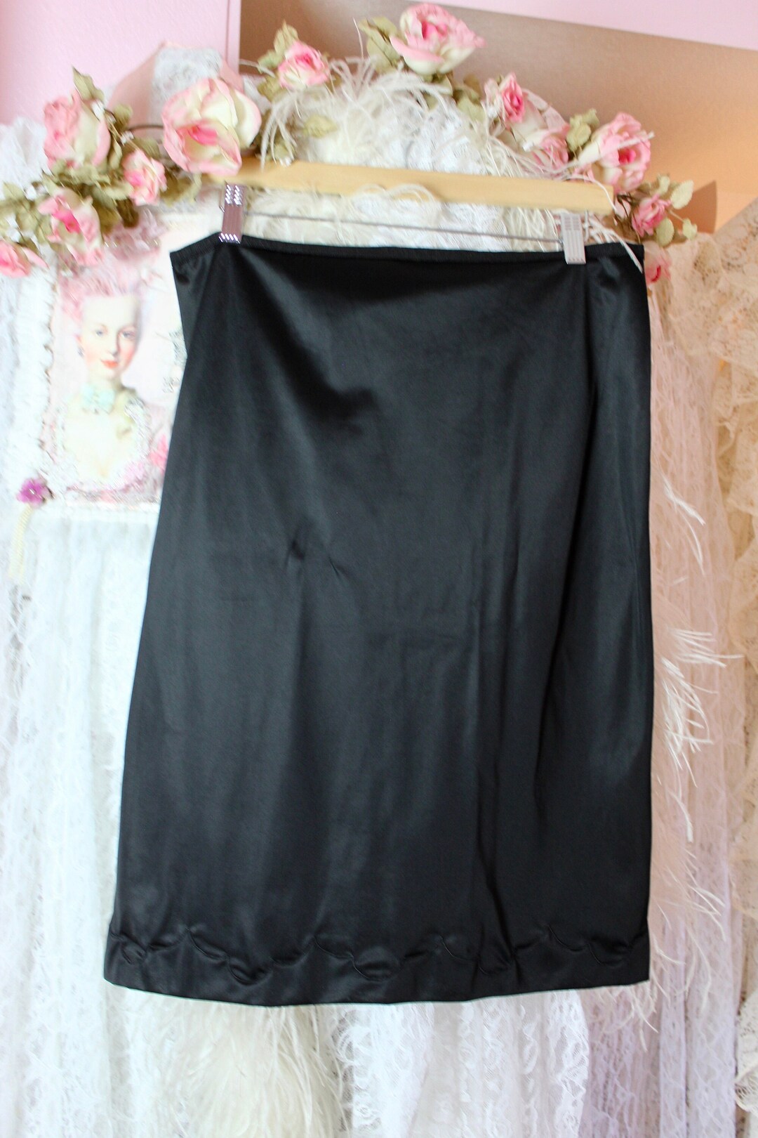 Vintage 60s Laurita Black Half Slip, Floral Embroidered Details ...