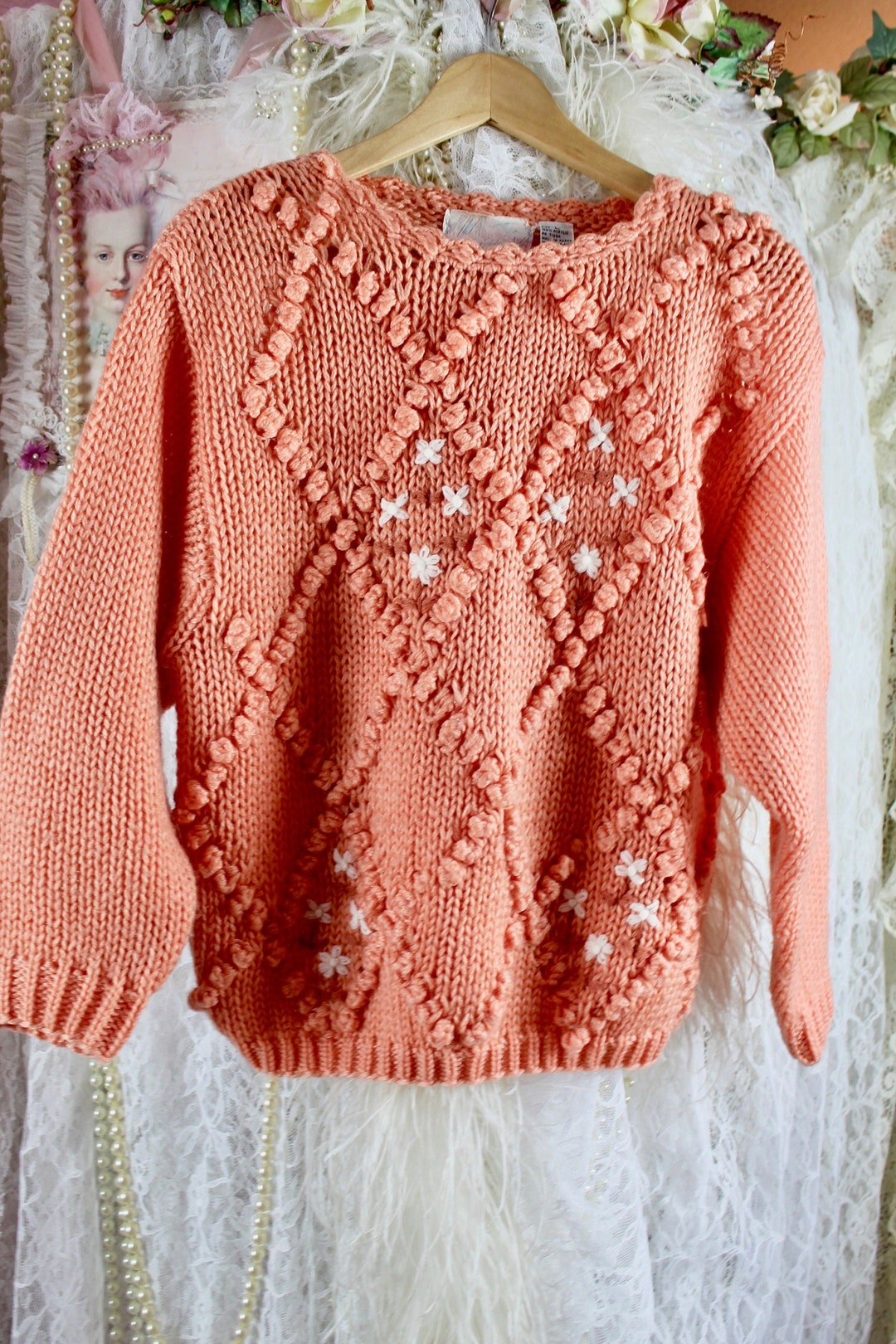 Vintage 80s 90s via Max Peachy Crochet Knit Sweater, Crochet White ...