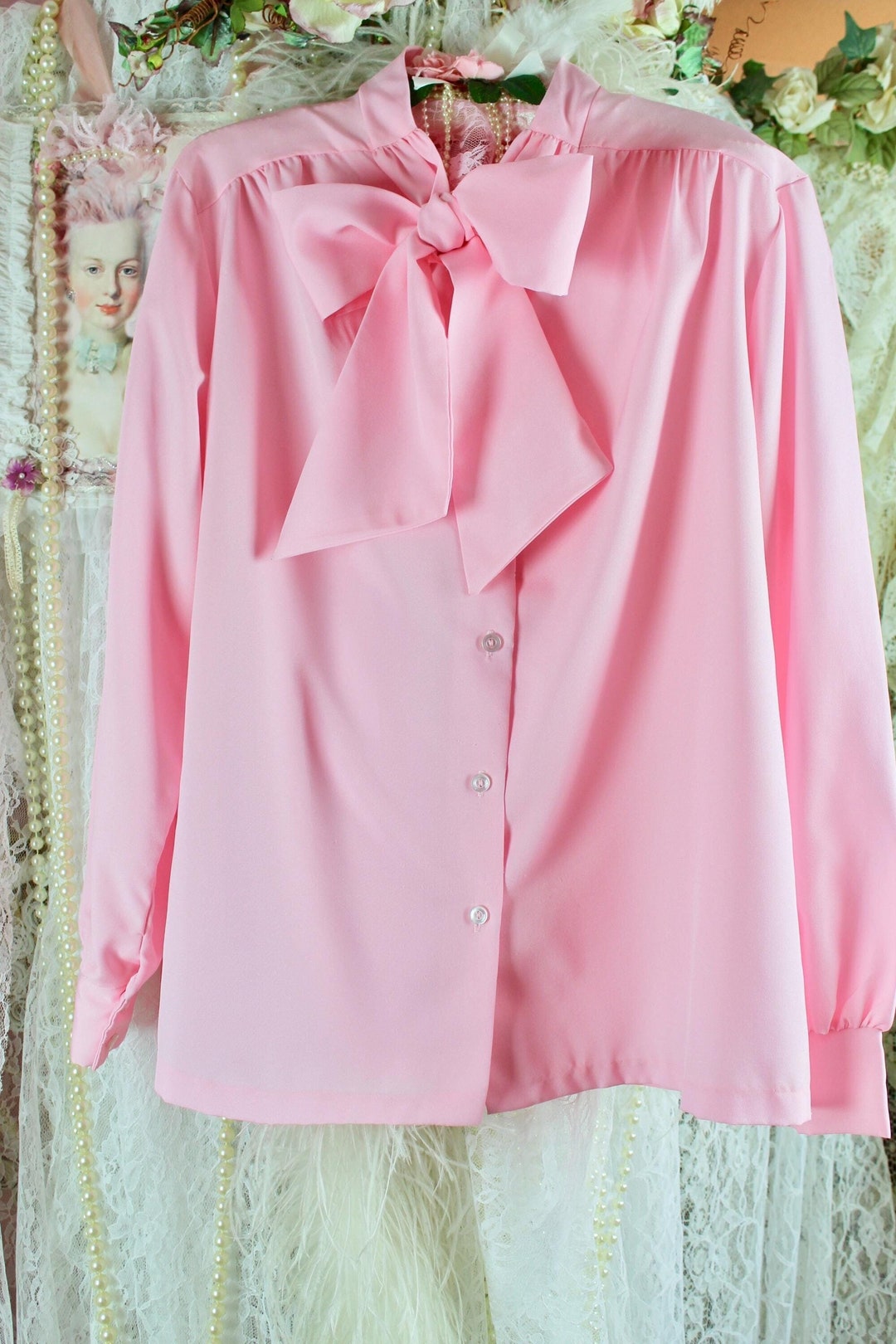 Vintage 70s Pink Blouse With Bow Tie, High Neckline, Button Up, Secretary Blouses, 100% ...