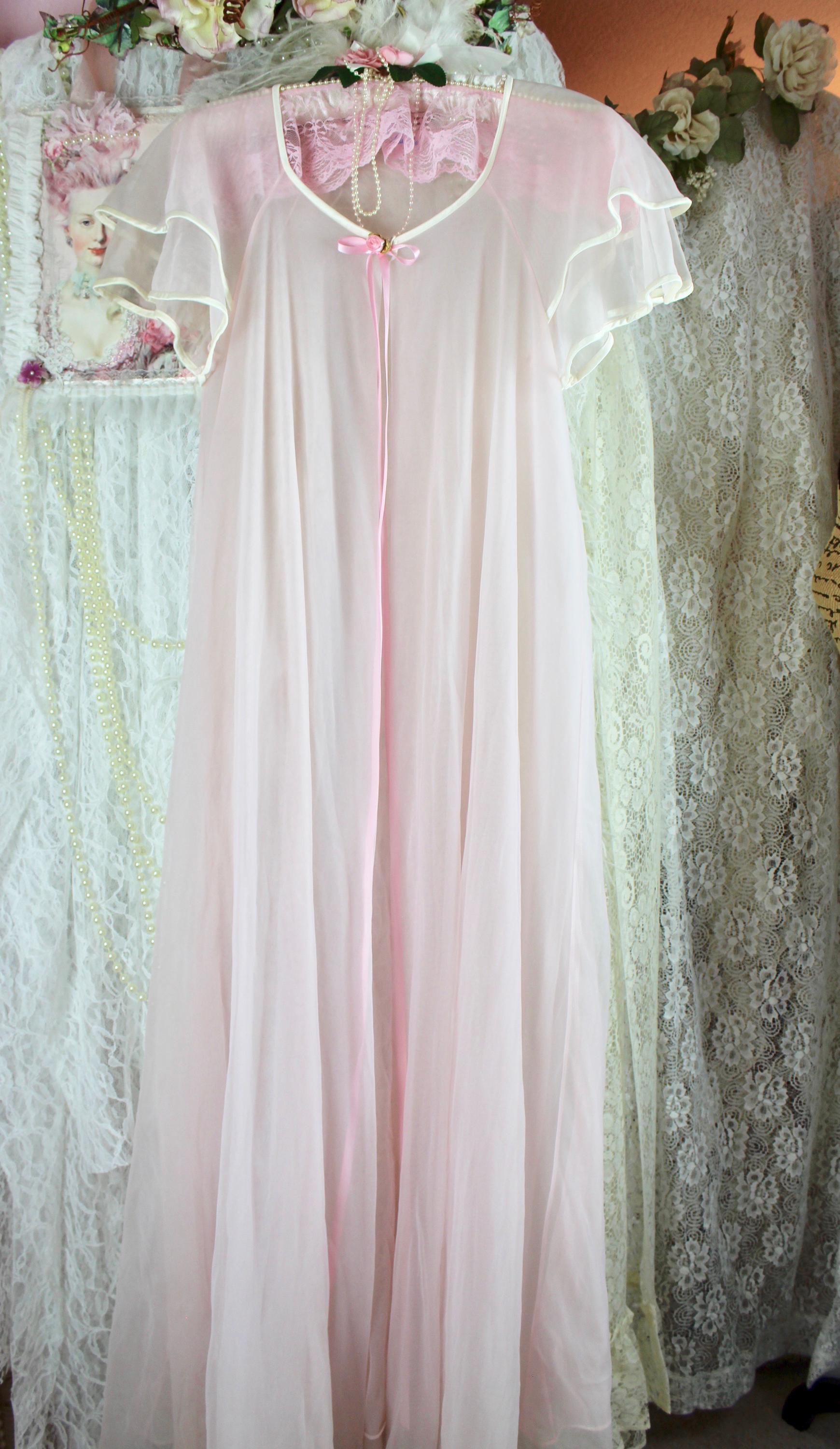 Vintage 70s Pink Sheer Val Mode Long Robe Slip, Sleepwear Robes, Floral ...